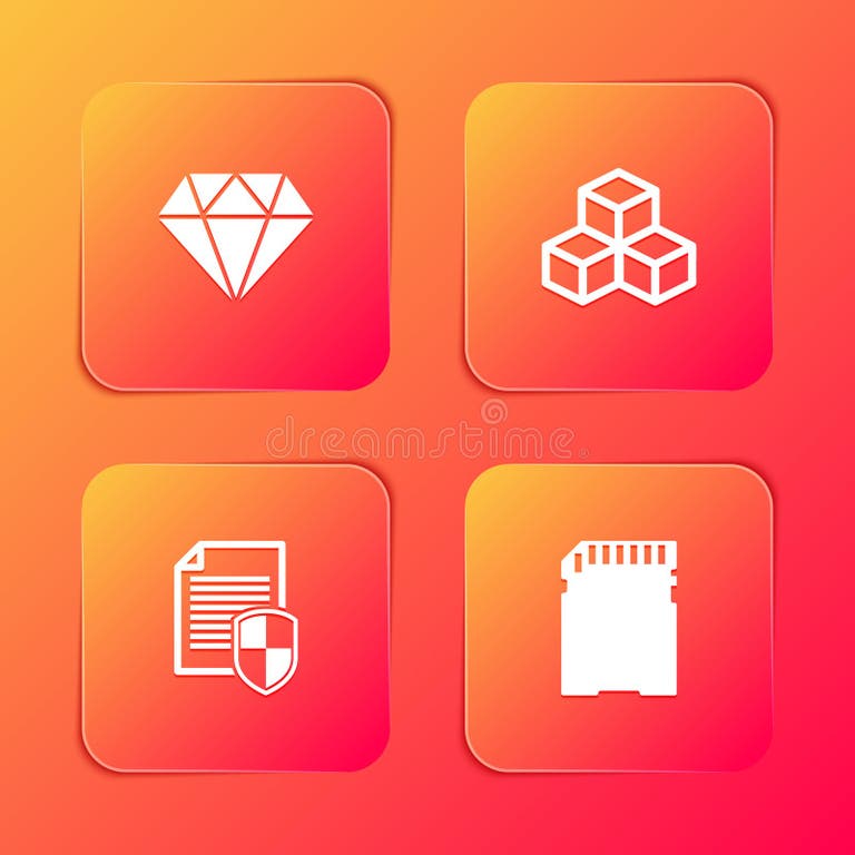 Set Diamond, Isometric Cube, Document Protection and SD Card Icon ...