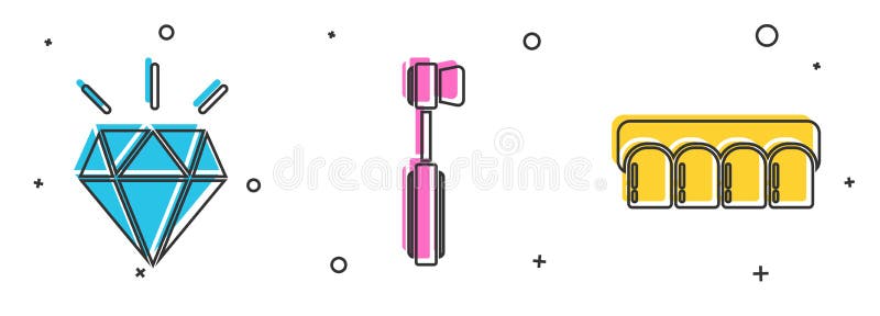 Set Diamond Teeth, Toothbrush and Dentures Model Icon. Vector Stock ...