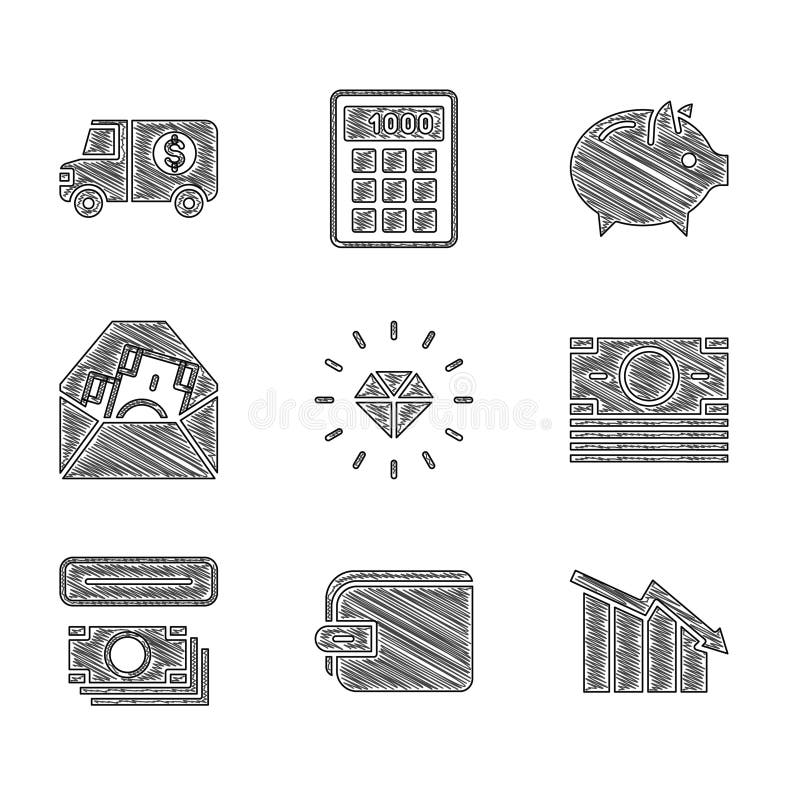 Set Diamond, Wallet, Financial Growth Decrease, Stacks Paper Money Cash, ATM and, Envelope with ...