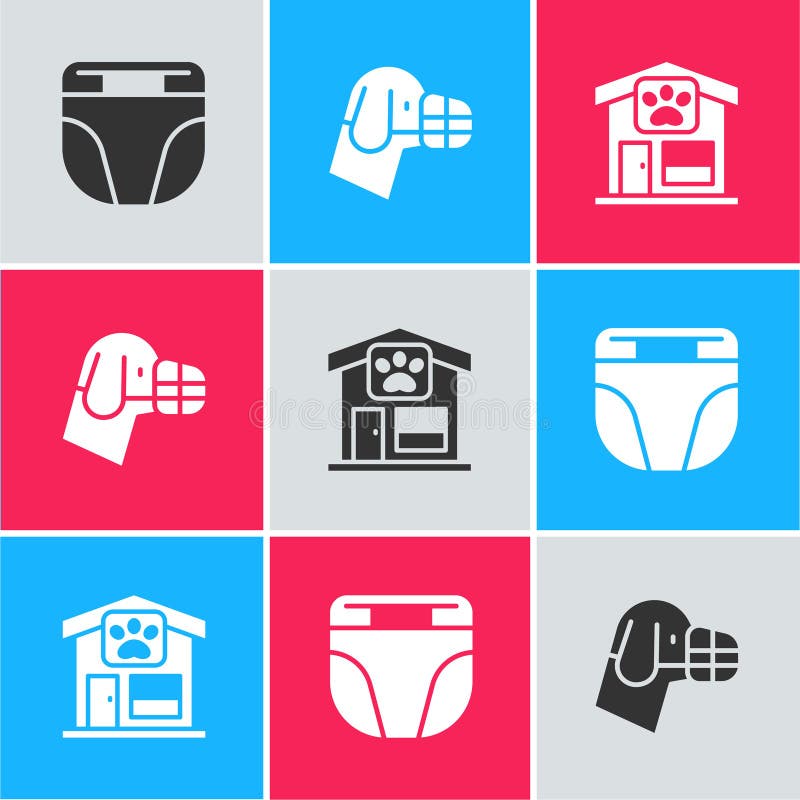 Set Diaper for Dog, Dog in Muzzle and Pet Grooming Icon. Vector Stock ...