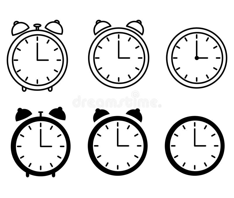 Set of Different Alarm Clock Icons. Black and White Outline Icons of ...