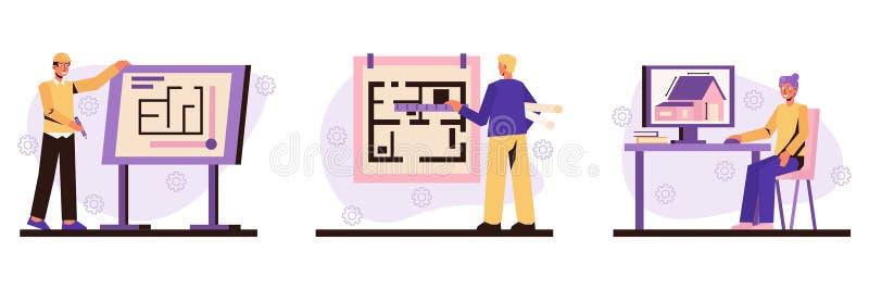 Set of Different Architects Working on Project. Architects Draw Plan ...