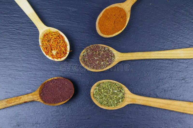 Set of Different Aromatic Spices on Black Slate. Top View Stock Image ... Set of Different Aromatic Spices on Black Slate. Top View Stock Image ...