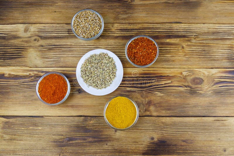 Set of Different Aromatic Spices on Wooden Table. Top View Stock Image ...