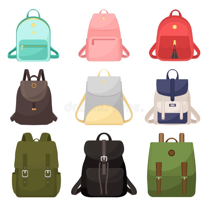 Set Of Different Backpacks In A Flat Style Is Isolated On A White ...