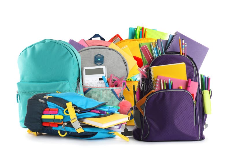 Set with Different Backpacks and School Stationery on White Background ...