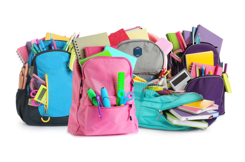 Set with Different Backpacks and School Stationery on White Background ...