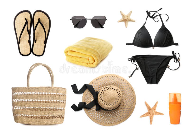 Set with Different Beach Accessories on White Background Stock Image ...