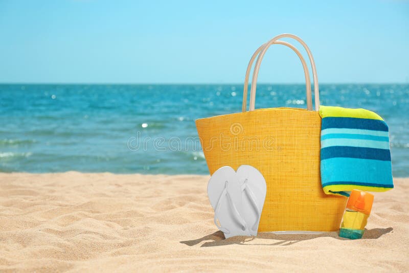 Set of Different Beach Objects on Sand Near Sea Stock Image - Image of ...