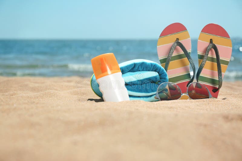 Set of Different Beach Objects on Sand Near Sea Stock Image - Image of ...