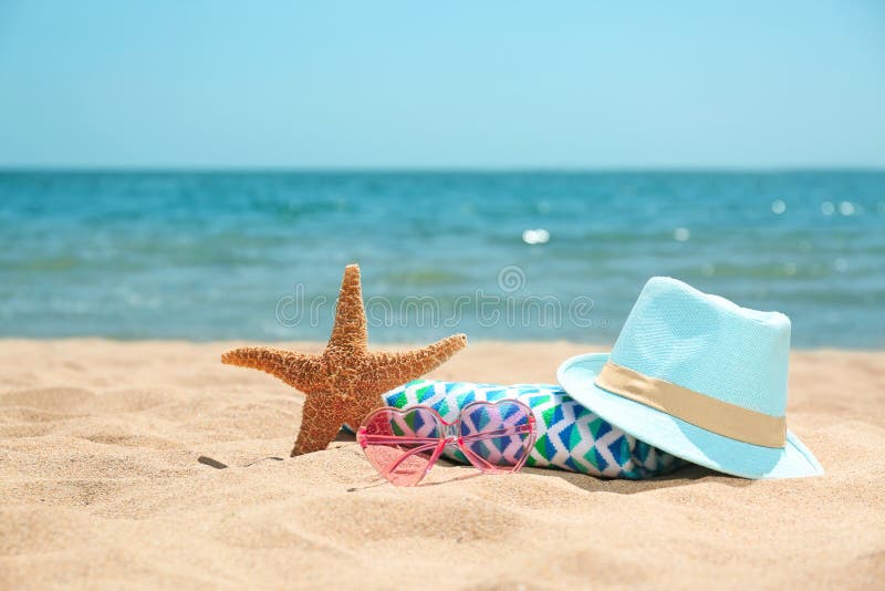 Set of Different Beach Objects on Sand Near Sea Stock Image - Image of ...