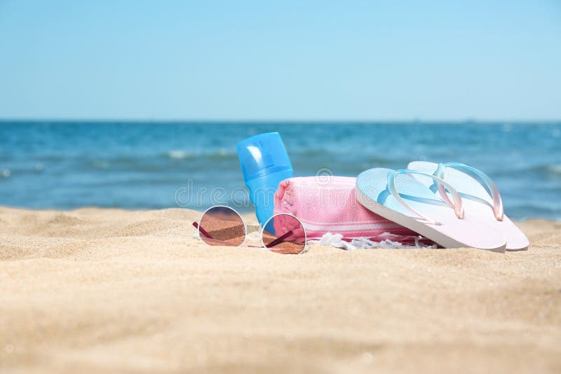 Set of Different Beach Objects on Sand Near Sea. Space for Stock Photo ...