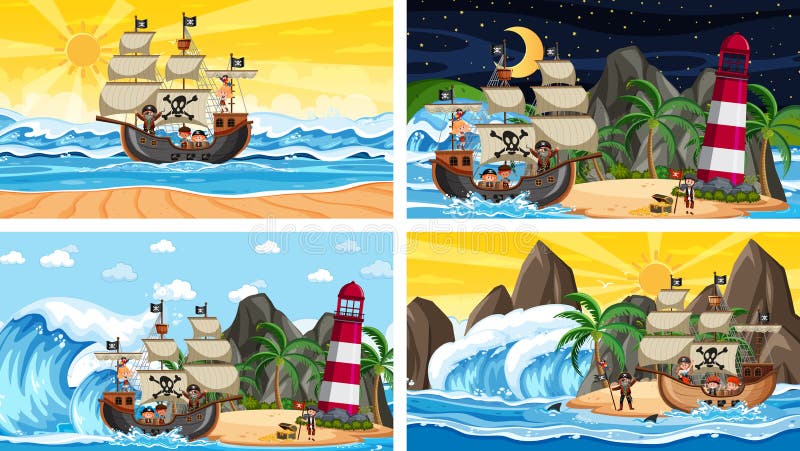 Set of Different Beach Scenes with Pirate Ship and Pirate Cartoon ...