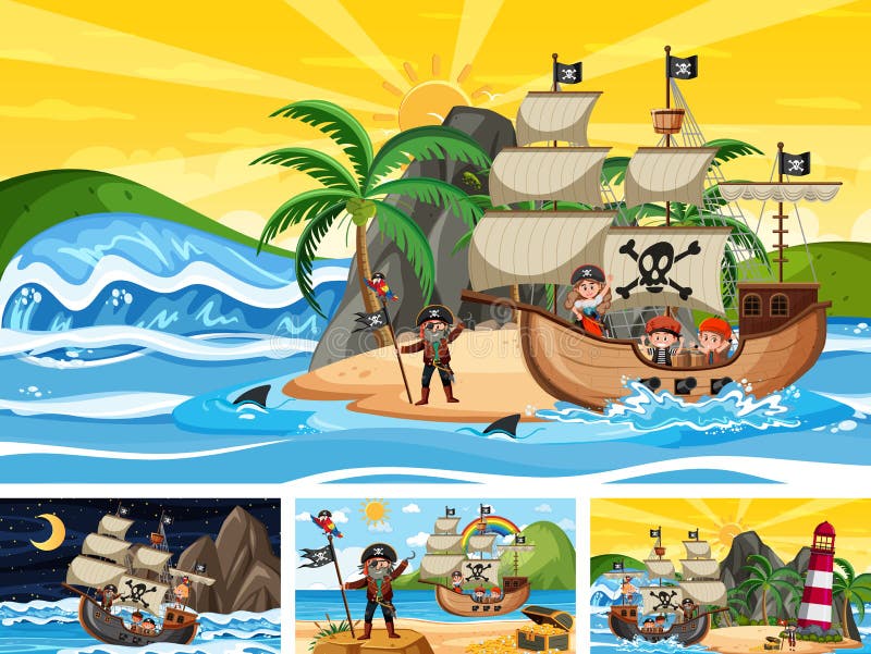 Set of Different Beach Scenes with Pirate Ship Stock Vector ...