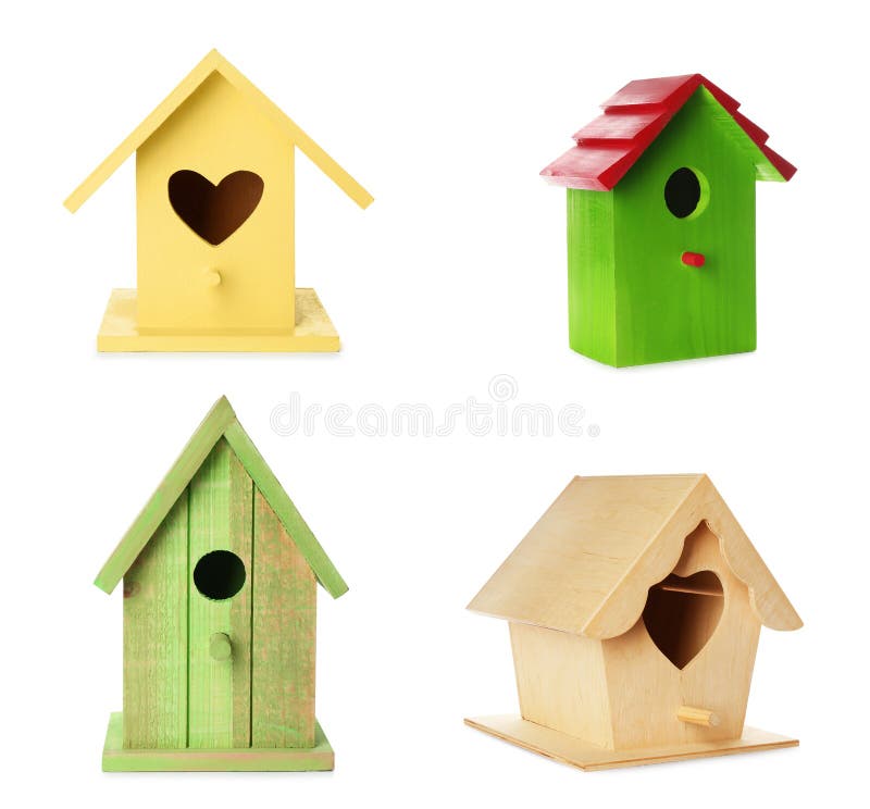 Set with Different Beautiful Bird Houses on White Background Stock ...