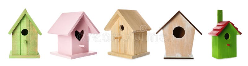 Set with Different Beautiful Bird Houses on White Background, Banner ...