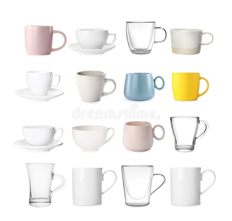 Set with Different Beautiful Cups on White Background Stock Image ...