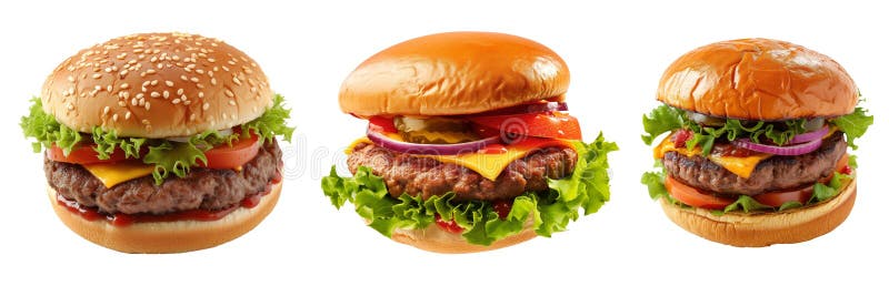 Set of Different Beef and Cheese Burgers Isolated on White or ...