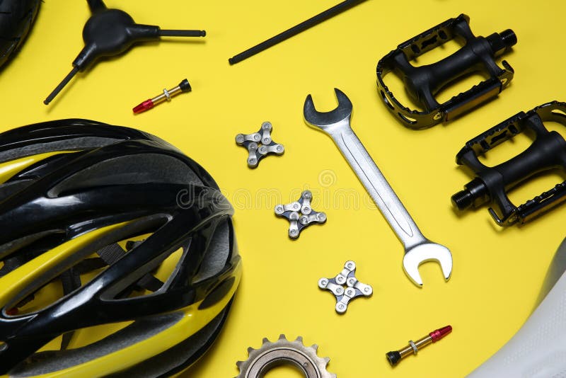 Set of Different Bicycle Tools and Parts on Background, Flat Lay Stock ...