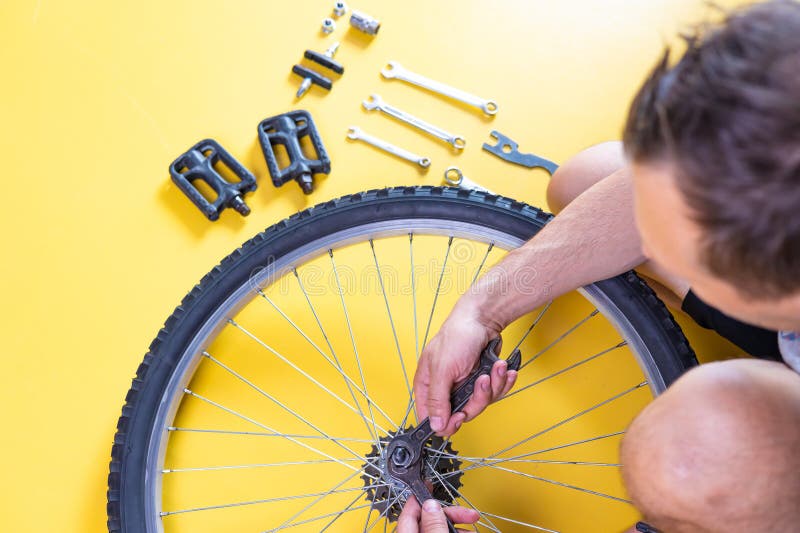 Set of Different Bicycle Tools and Parts on Yellow Background, Flat Lay ...