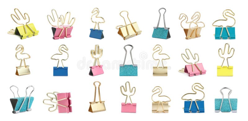 Set with Different Binder Clips on White Background Stock Image - Image ...