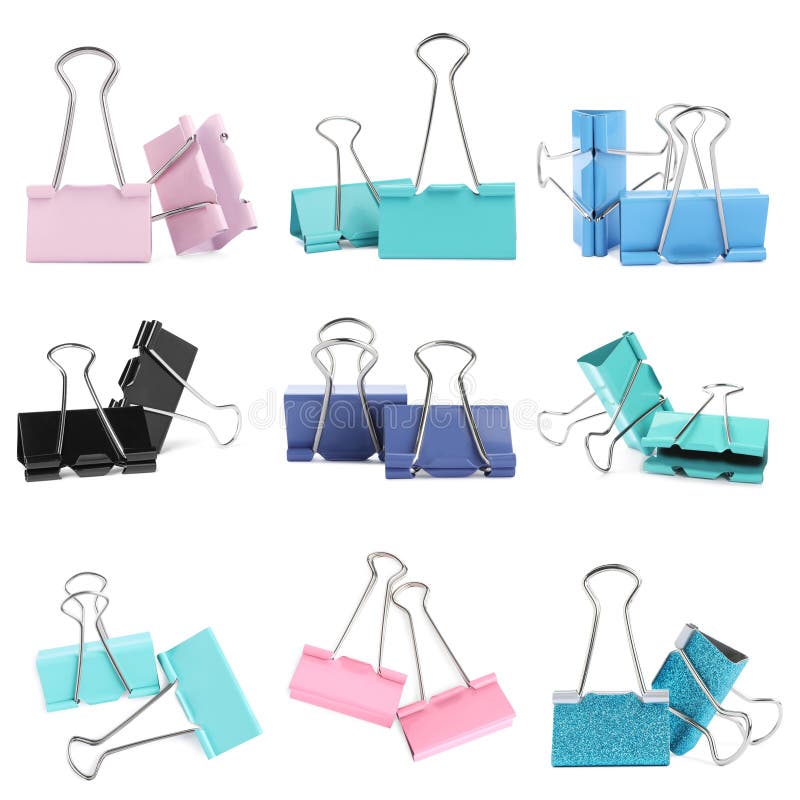 Set with Different Binder Clips on White Background Stock Photo - Image ...