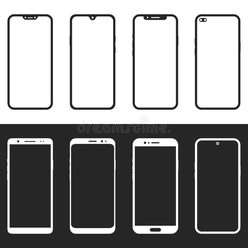 Set of Different Black and White Smartphone Icons. Simple Mobile Phone ...