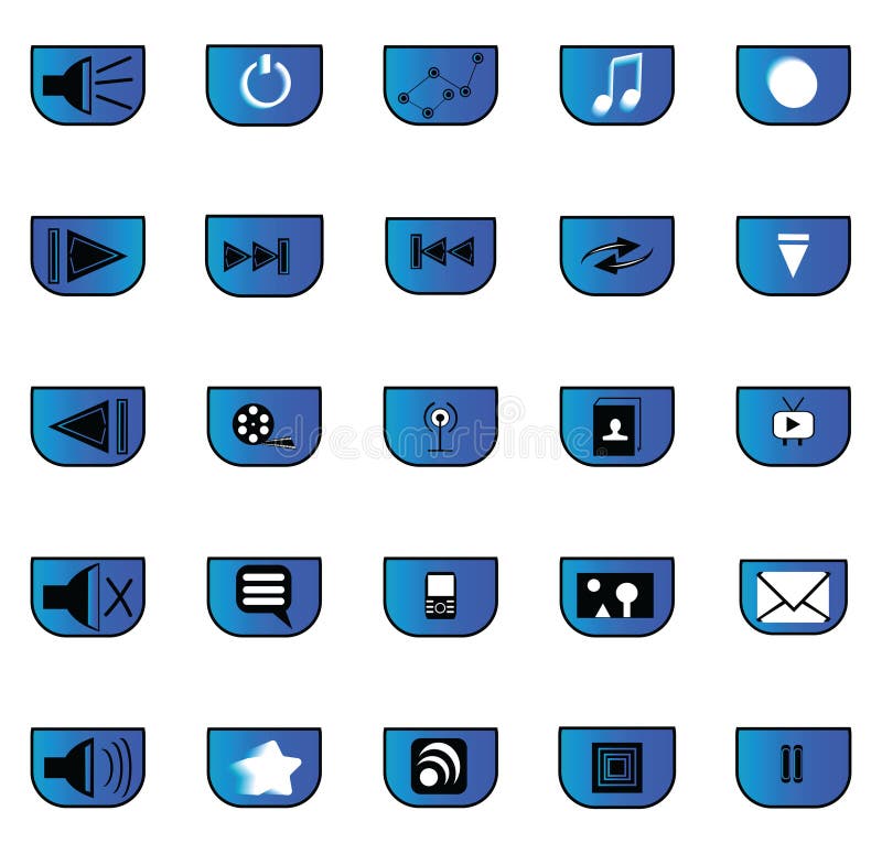 Set of 25 Different Blue Media Buttons Stock Vector - Illustration of ...
