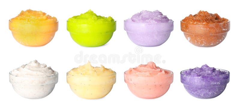 Set with Different Body Scrubs in Bowls on White Background. Banner ...