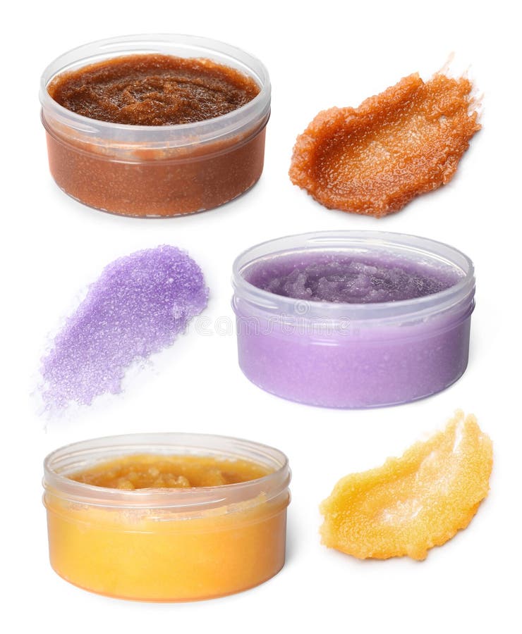 Set with Different Body Scrubs on White Background Stock Image - Image ...