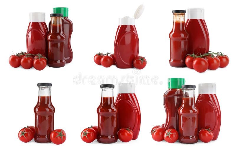 Set with Different Bottles of Ketchup on White Background Stock Image ...
