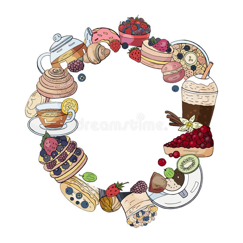 Set of Different Breakfast Elements in Circle Shape on White Background ...