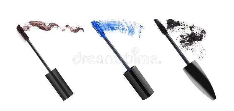 Set with Different Brushes and Mascara Strokes on Background, Top View ...