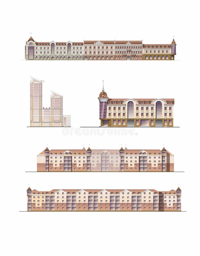 Set of Different Building Facades for Prints Stock Illustration ...