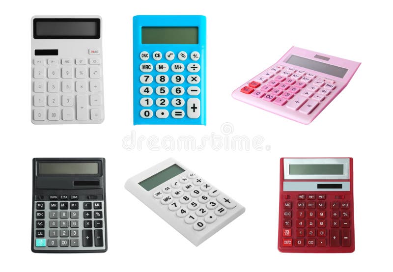 Set of Different Calculators on White Background, Banner Design Stock ...