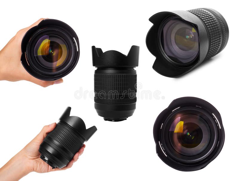 Set of Different Camera Lens with Hand, Isolated on White Background ...