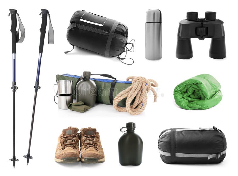 Set with Different Camping Equipment on White Background Stock Image ...