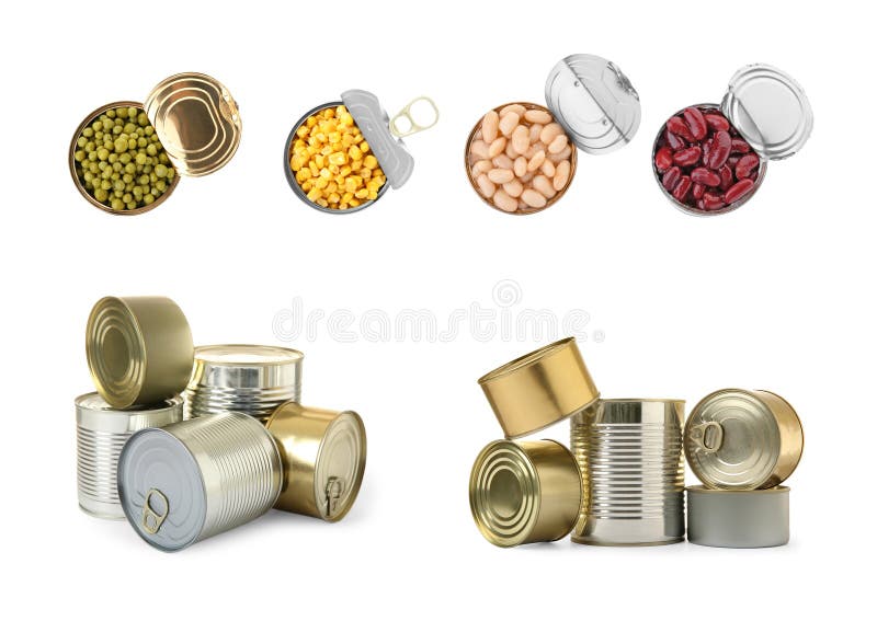 Set of Different Canned Food on Background, Top View Stock Photo ...