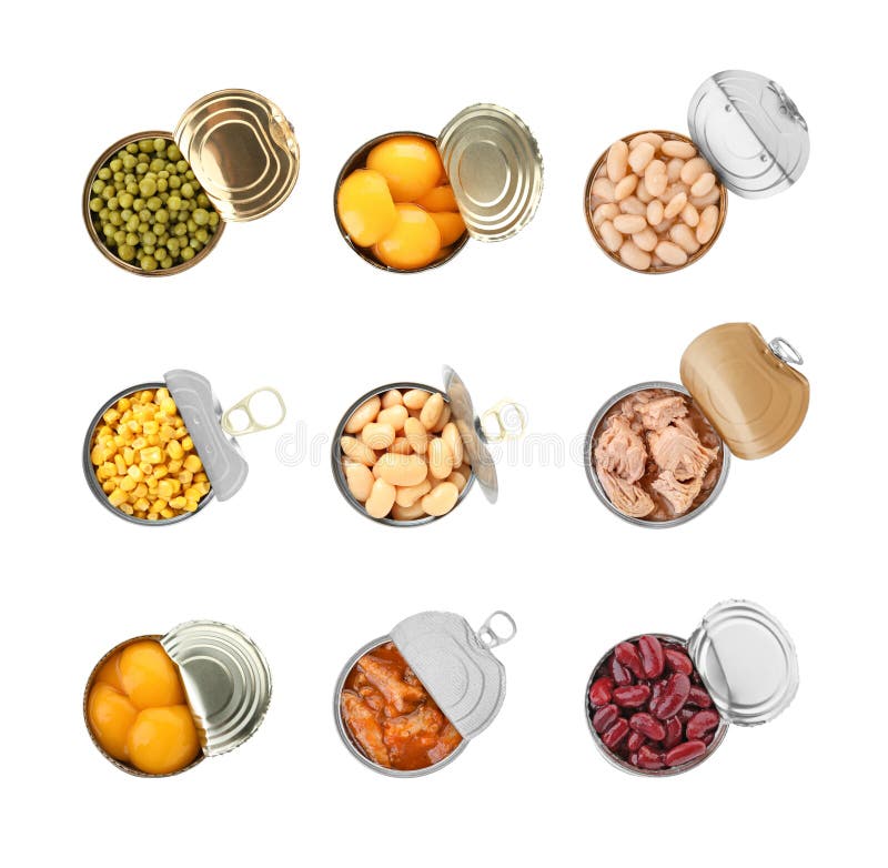 Set of Different Canned Food on Background Stock Image - Image of fruit ...