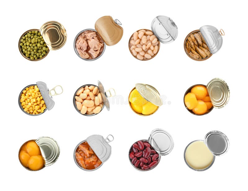 Set of Different Canned Food on Background Stock Image - Image of fruit ...