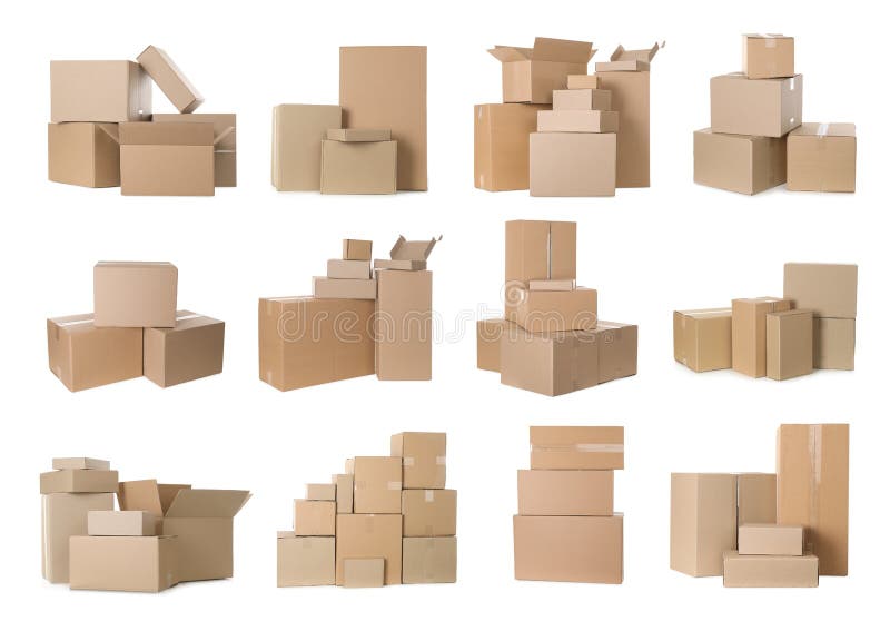 Set with Different Cardboard Boxes on White Background Stock Image ...