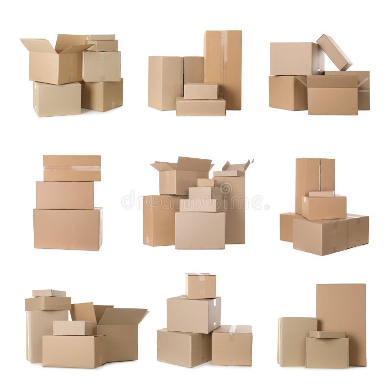 Set with Different Cardboard Boxes on White Background Stock Image ...