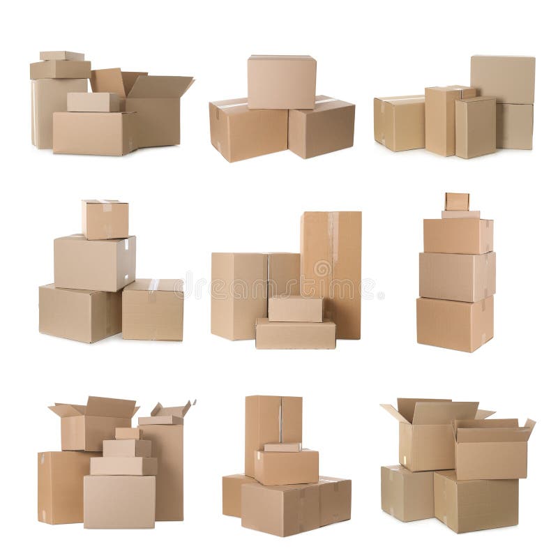 Set with Different Cardboard Boxes on White Background Stock Image ...