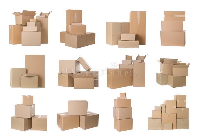 Set with Different Cardboard Boxes on White Background Stock Photo ...