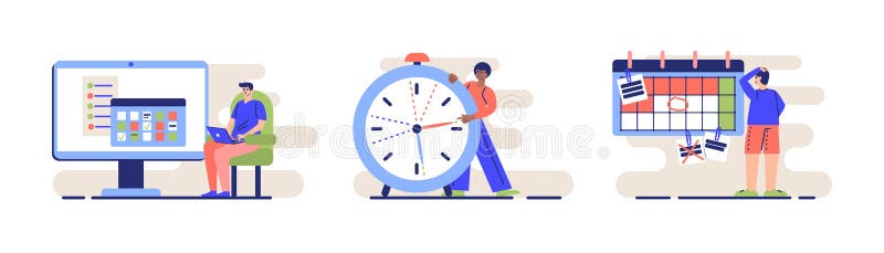 Set of Different Cartoon Characters Organizing Their Time Stock Vector ...