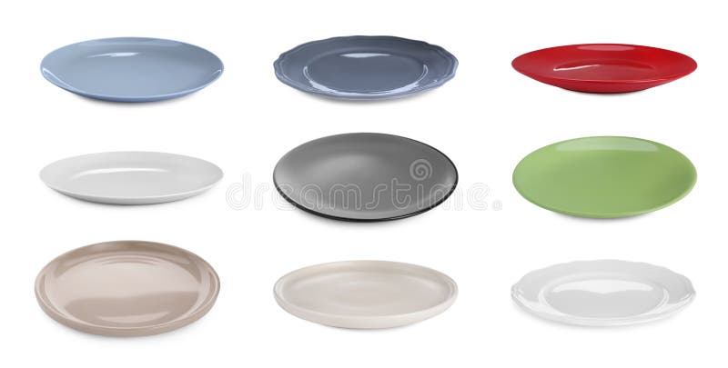 Set of Different Ceramic Plates on White Background Stock Image - Image ...