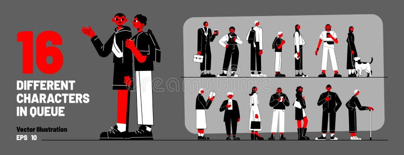 Set of Different Characters Standing in Long Queue Stock Vector ...