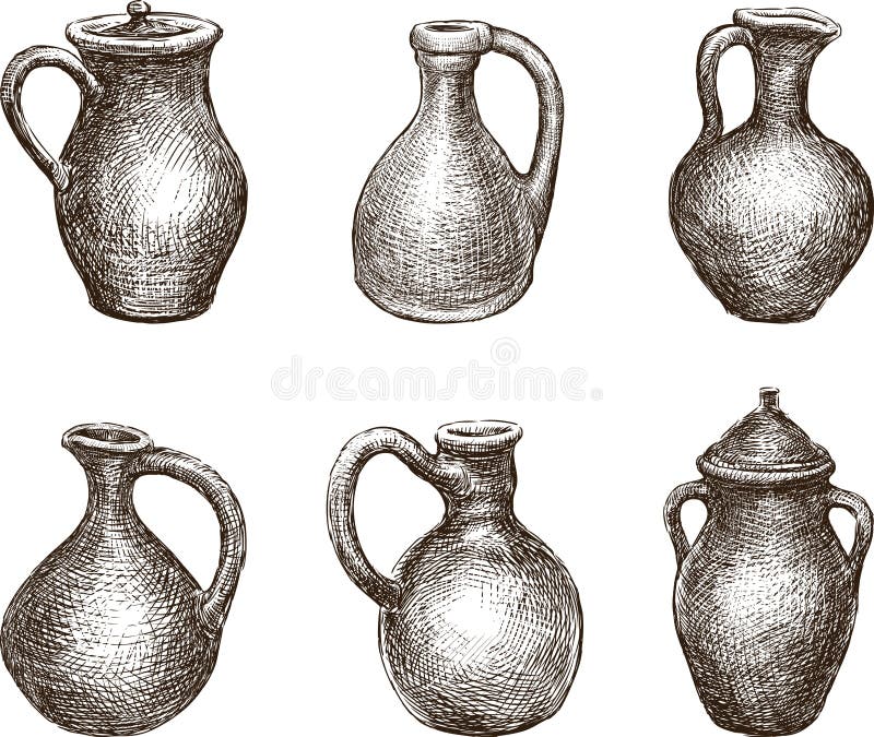 Set of different clay jugs stock vector. Illustration of market - 108597670
