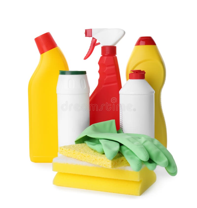 Set of Different Cleaning Supplies on White Background Stock Photo ...