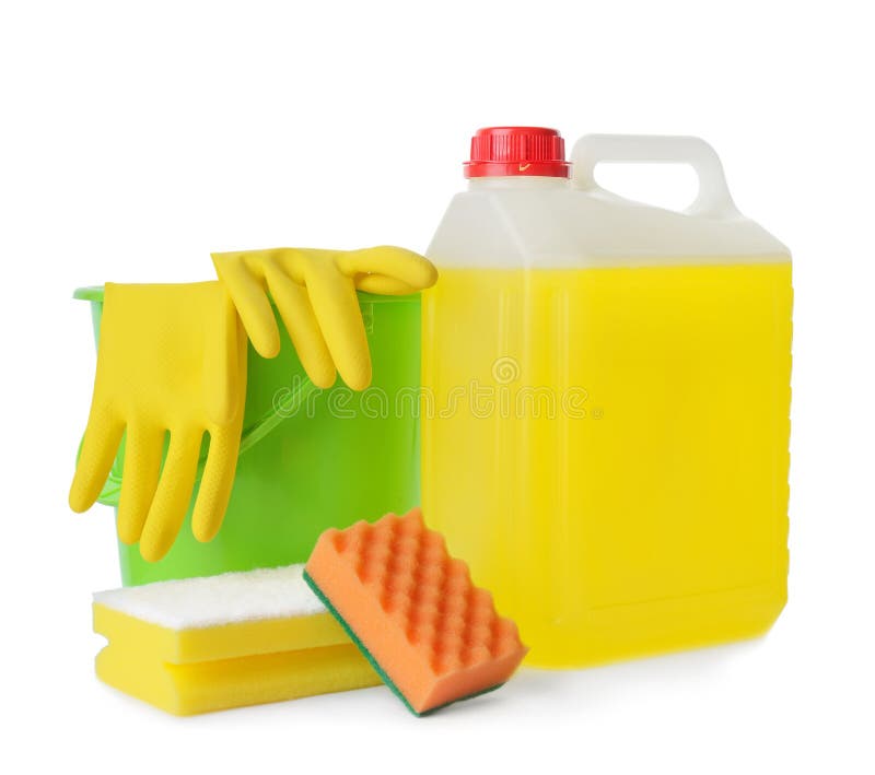 Set of Different Cleaning Supplies on White Background Stock Photo ...